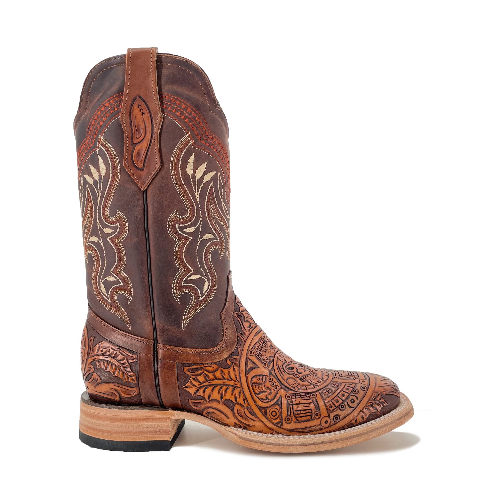 Men's Bulldog Hand Tooled Boots- Aztec Calendar Bitone – Roman Boots TX RB