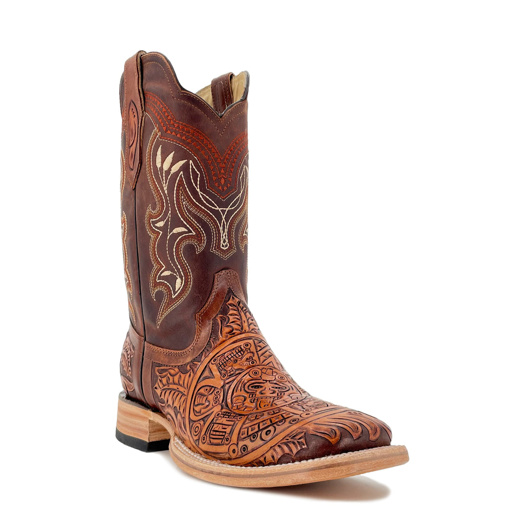 Men's Bulldog Hand Tooled Boots- Aztec Calendar Bitone – Roman Boots TX RB
