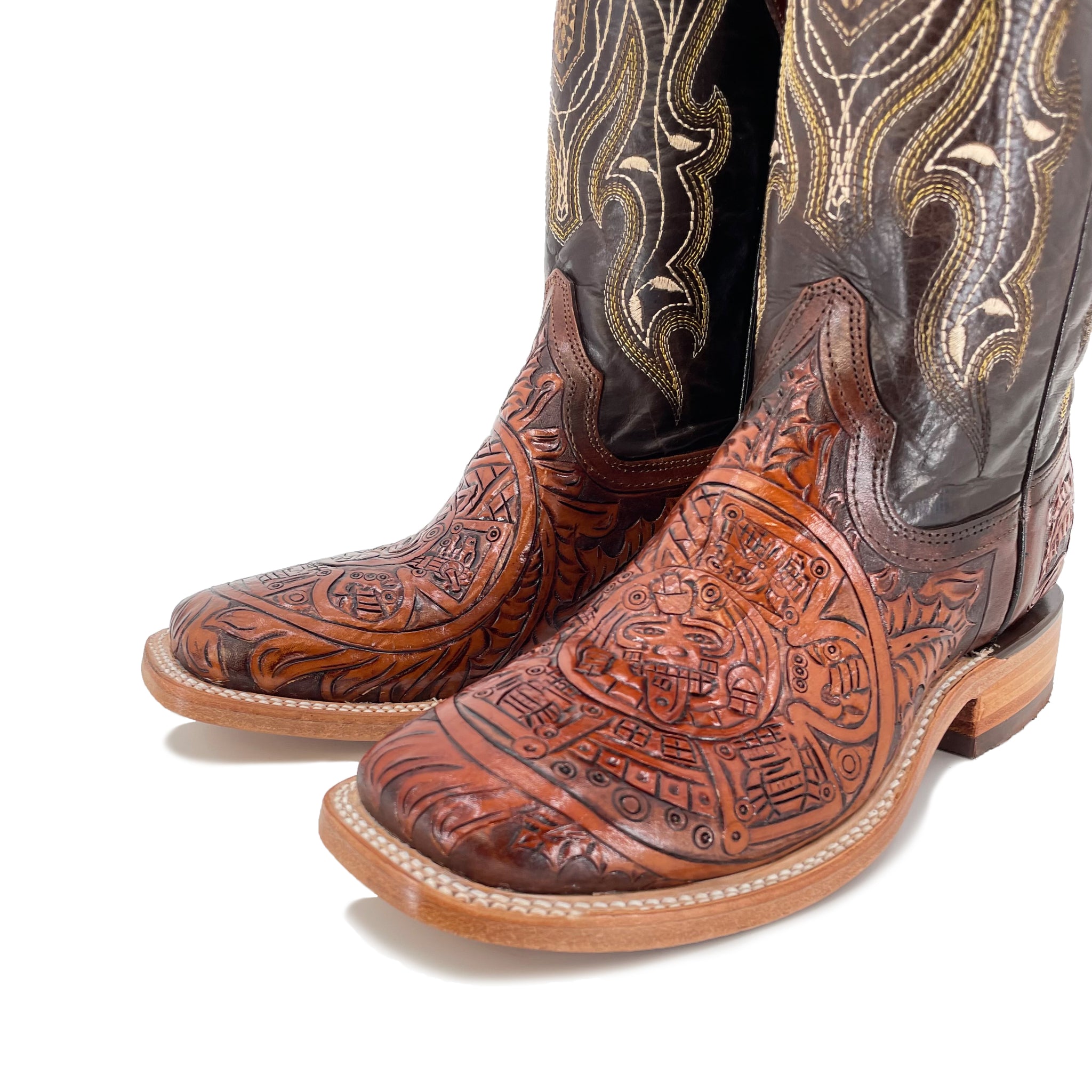 Men's Bulldog Hand Tooled Boots - Aztec Calendar Bitone – Roman Boots TX RB