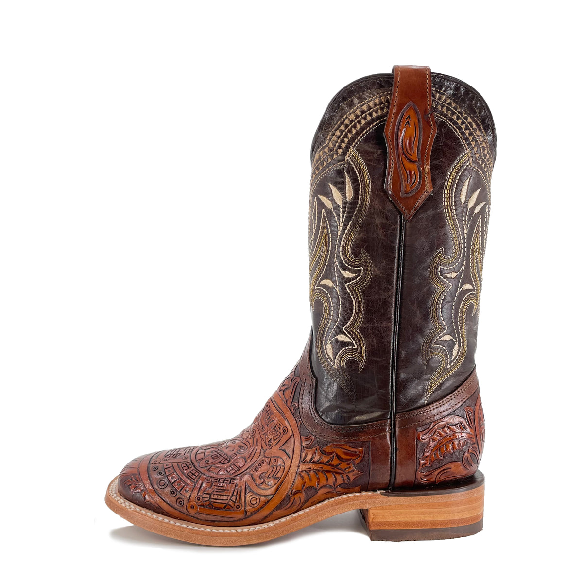 Men's Bulldog Hand Tooled Boots - Aztec Calendar Bitone – Roman Boots TX RB