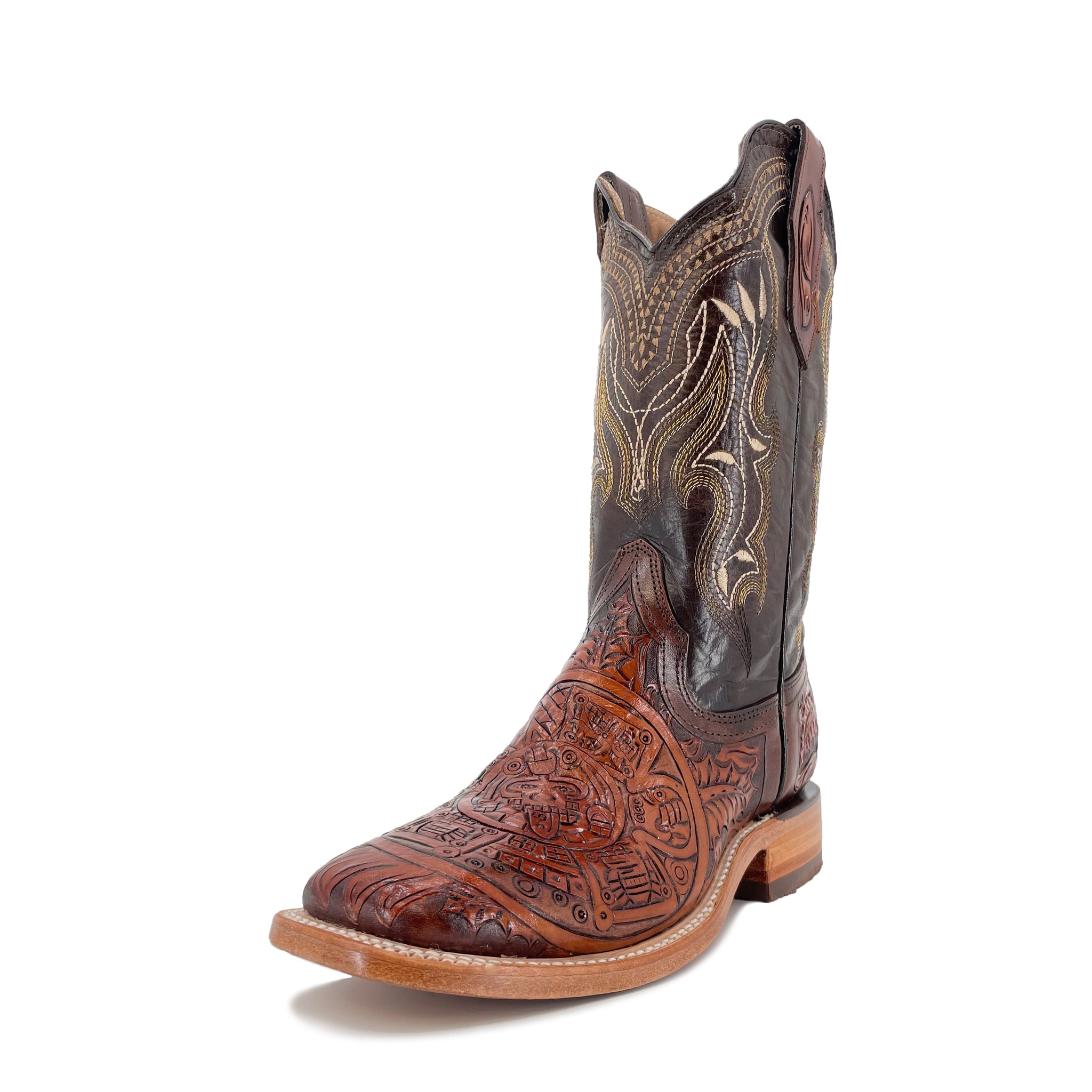Men's Bulldog Hand Tooled Boots - Aztec Calendar Bitone – Roman Boots TX RB