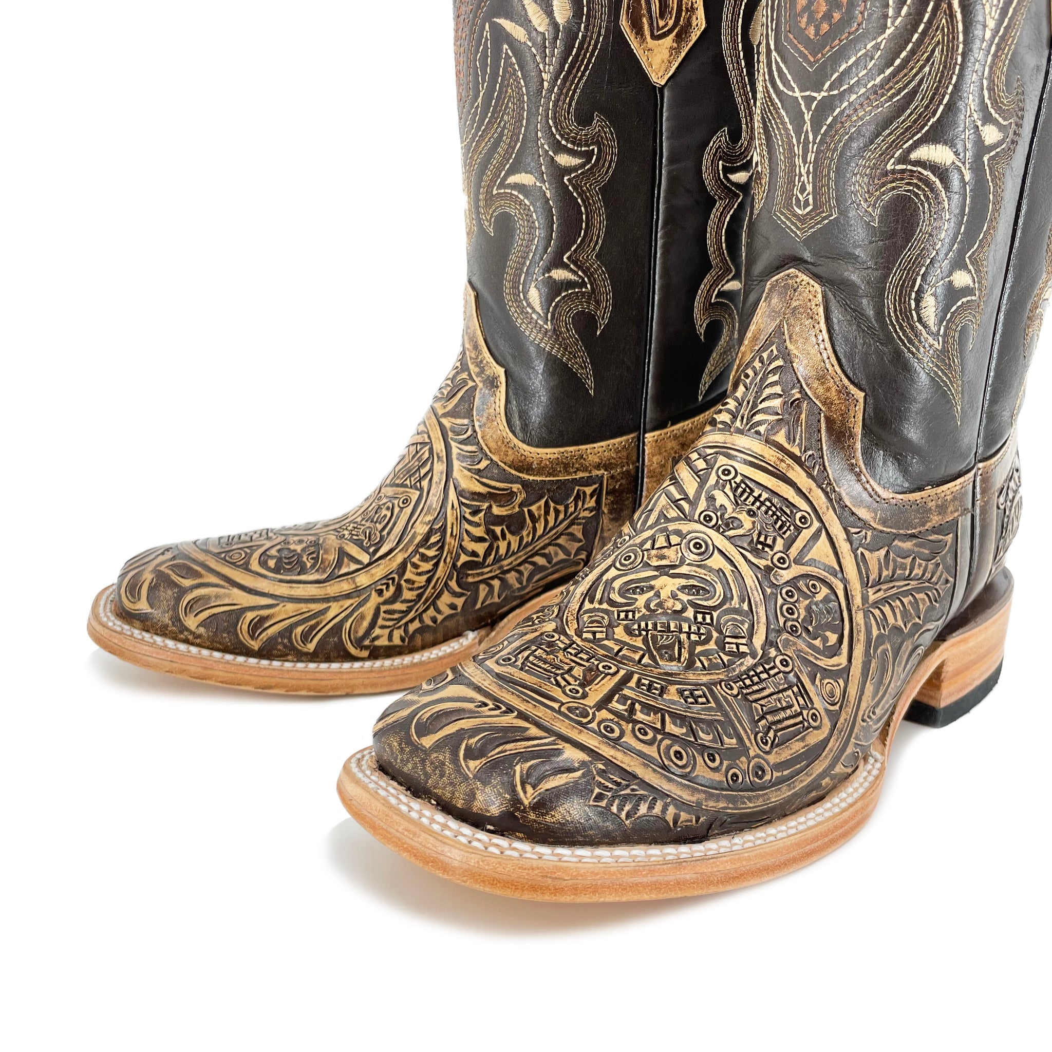 Men's Bulldog Hand Tooled Boots- Aztec Calendar Rustic – Roman Boots TX RB