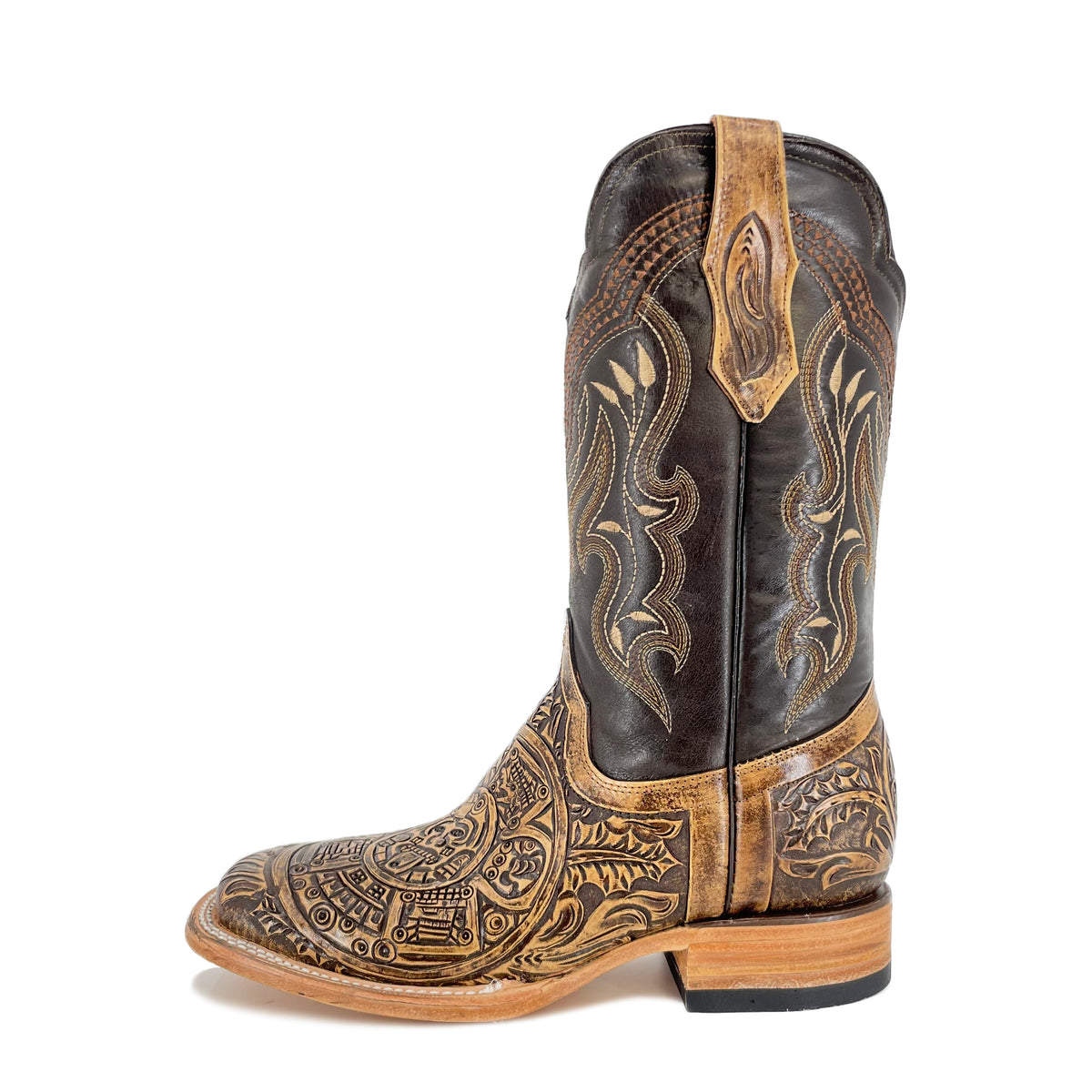 Men's Bulldog Hand Tooled Boots- Aztec Calendar Rustic – Roman Boots TX RB